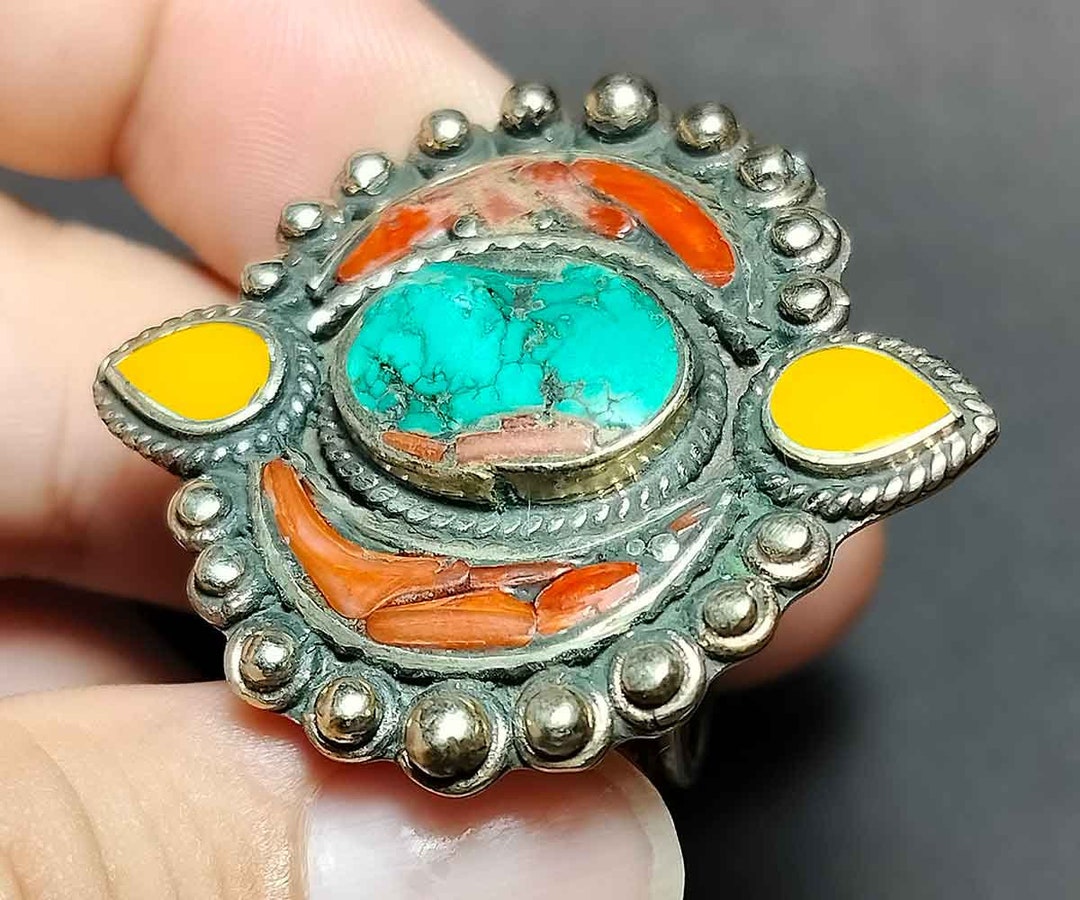Vintage Tibetan Turquoise Shield Ring, Coral Amber Inlay, Size 9.5 - Etsy