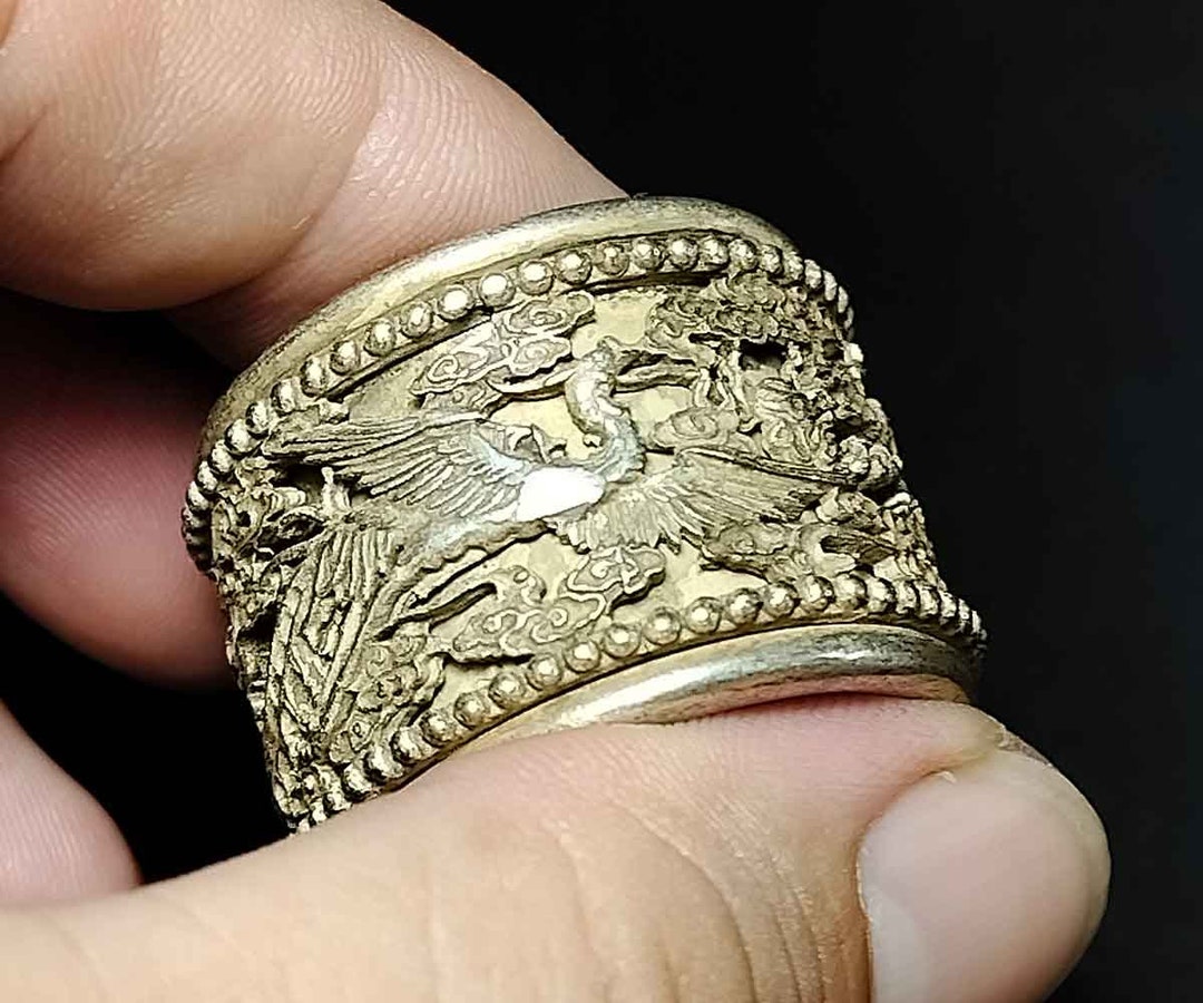 Tibetan Amulet Ring, Prayer Ring, Dragon, Swan, Silver Mixture ...
