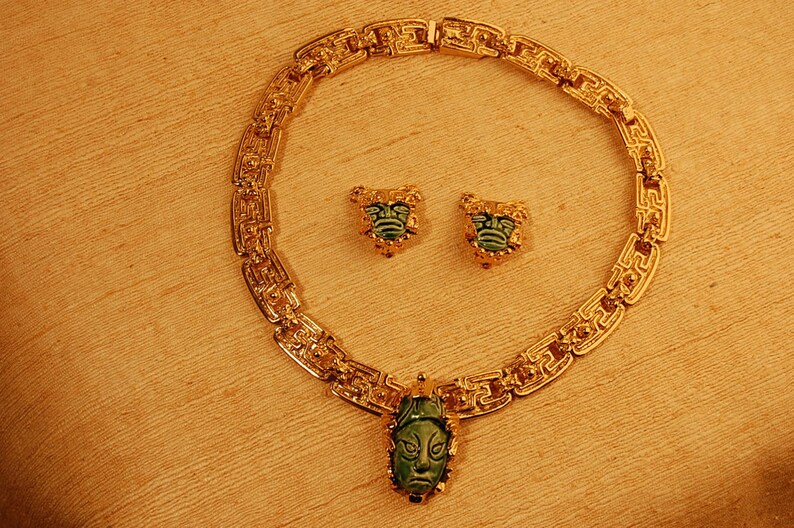 Vintage 22K Gold Aztec Hieroglyph Porcelain God Necklace Choker and ...