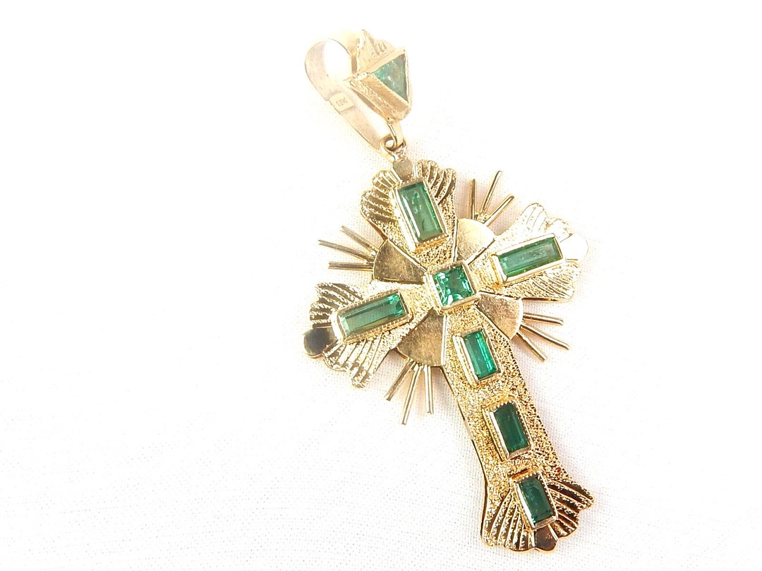 Colombian Emerald Cross Pendant 3.00 Cts 18K Yellow Gold Antique Style ...