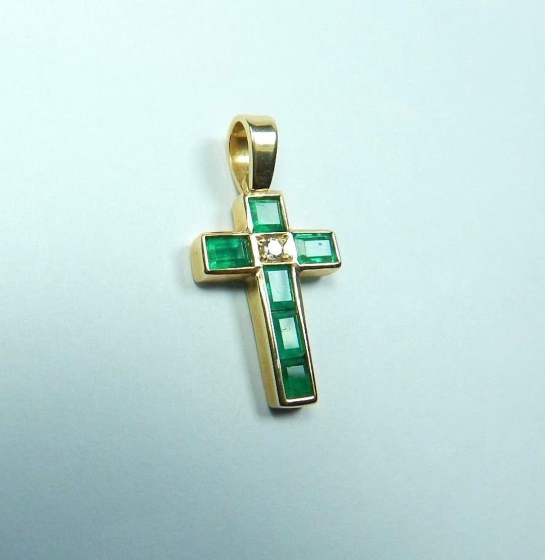 Colombian Emerald Cross Pendant 1.52 Dia .05 Cts 18K Yellow Gold Fine ...