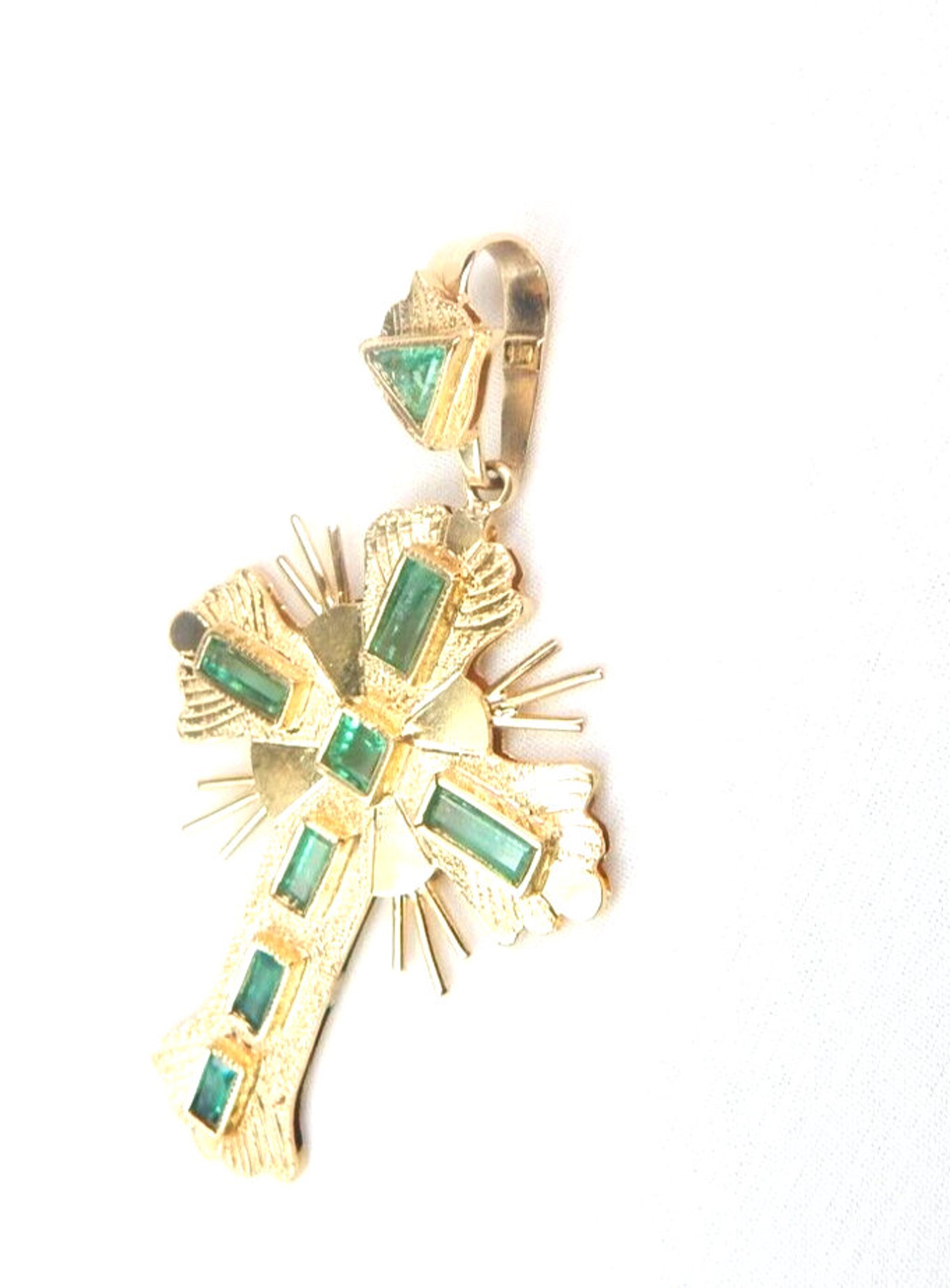 Colombian Emerald Cross Pendant 3.00 Cts 18K Yellow Gold Antique Style ...