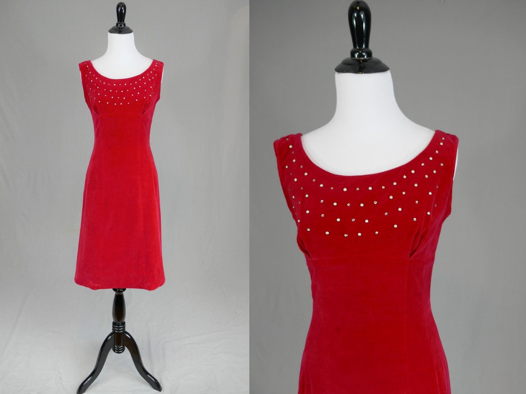 60s Red Velveteen Dress as is for Costume Rhinestones Sleeveless Velvet ...