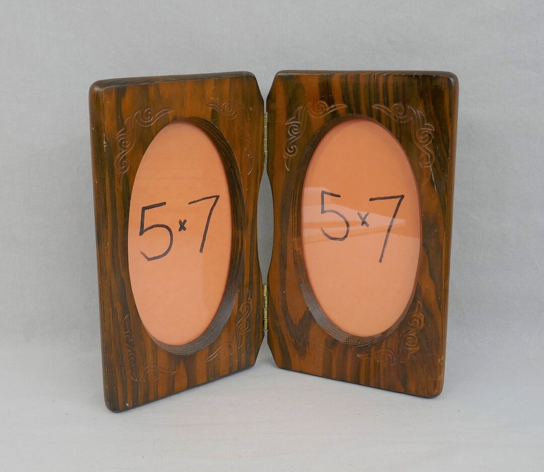Vintage Wooden Hinged Double Picture Frame - Oval Openings Decorative ...