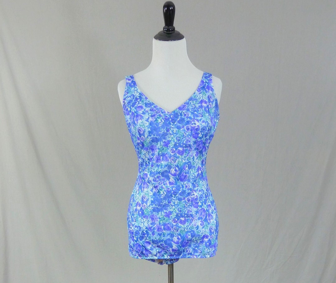 70s Swimsuit - Blue Purple Floral Print - Skirt Front Swim Suit - Robby ...