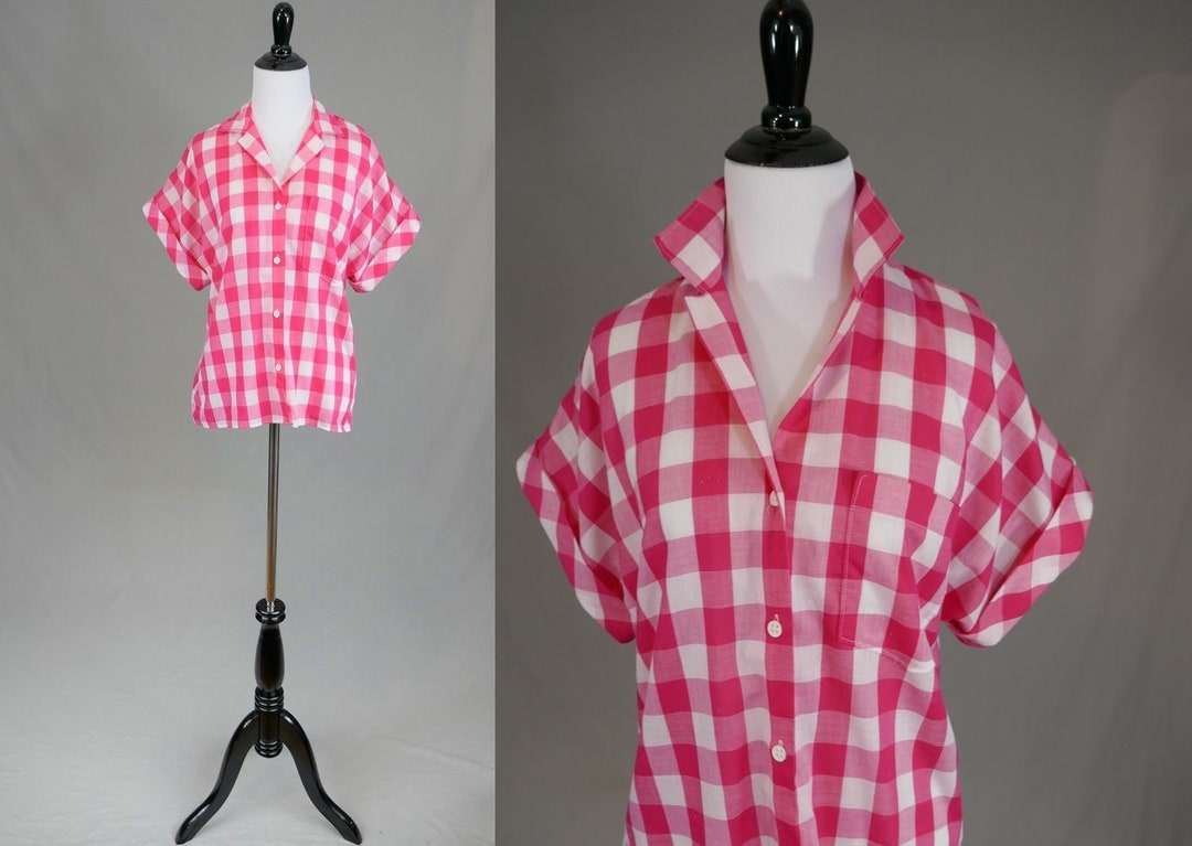 80s 90s Pink White Gingham Check Blouse Cuffed Short Sleeves - Etsy