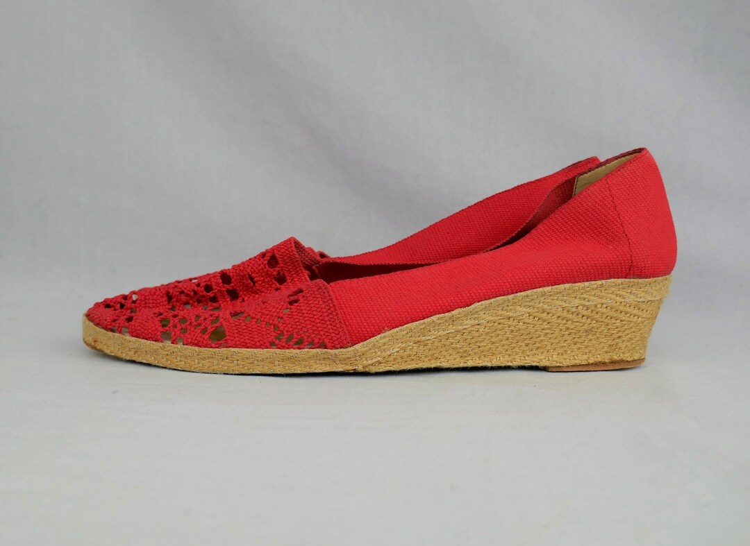 70s Evan-picone Red Shoes - Rope Wedge Heels - Canvas Uppers W/ Lace ...