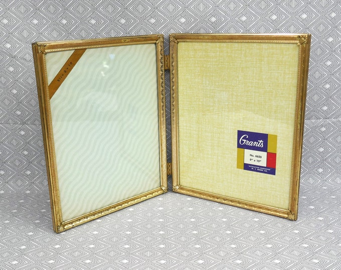 Vintage Hinged Double Picture Frame Worn Gold Tone Metal W/ Glass Holds ...