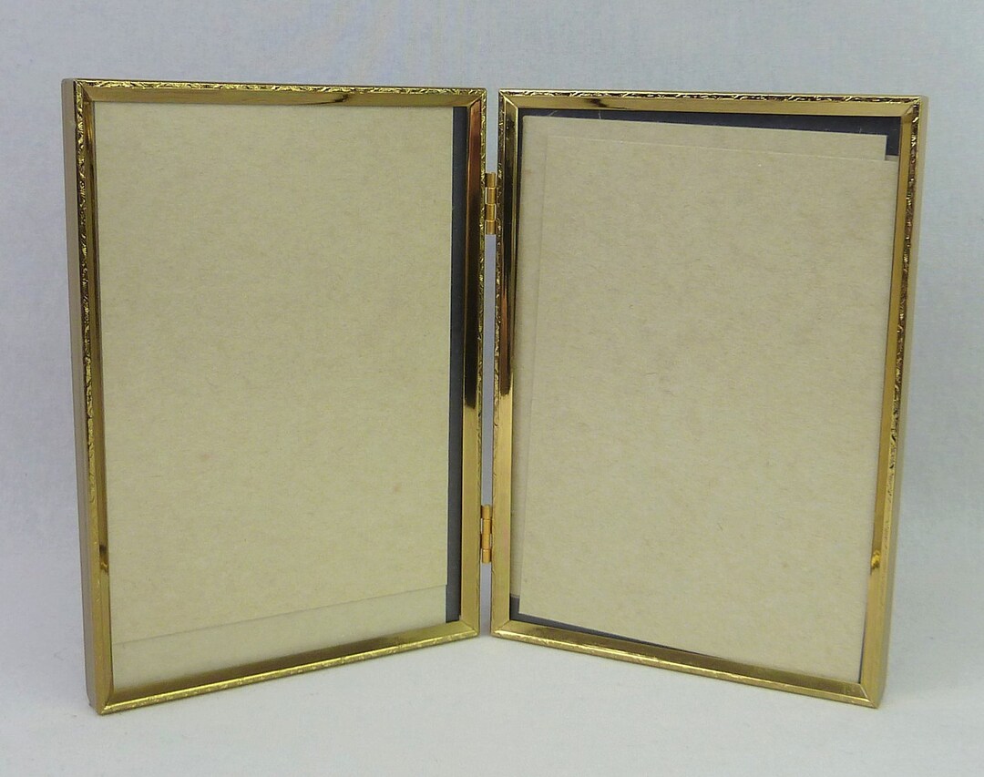 Vintage Hinged Double Picture Frame Tabletop Gold Tone Metal W/ Non ...