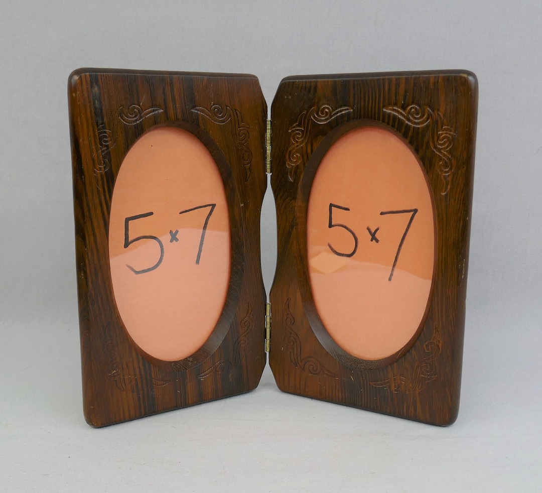 Vintage Wooden Hinged Double Picture Frame Oval Openings Decorative ...