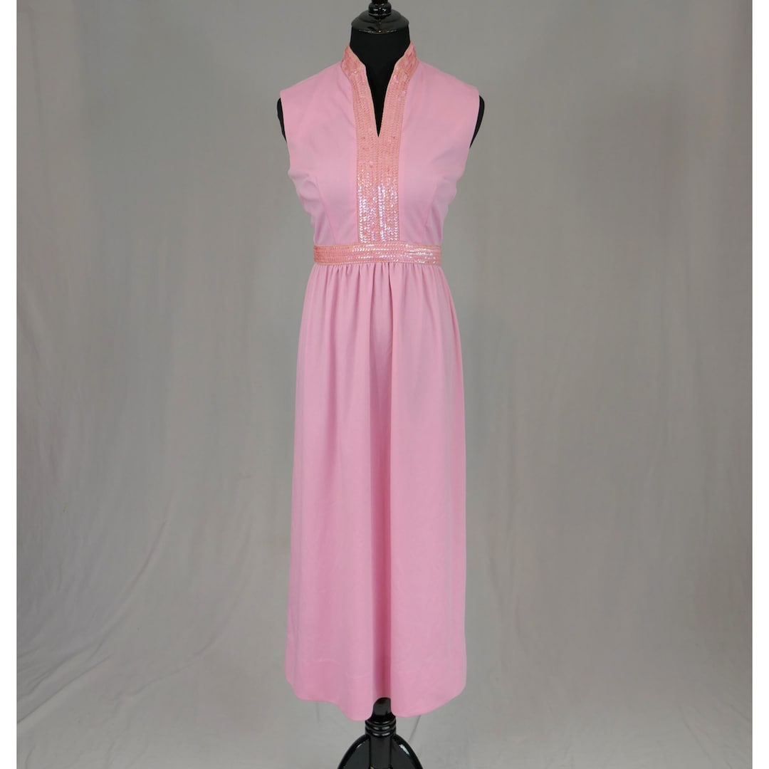 70s Long Pink Dress Pink Sequin Trim Sleeveless Party Dress Vintage ...