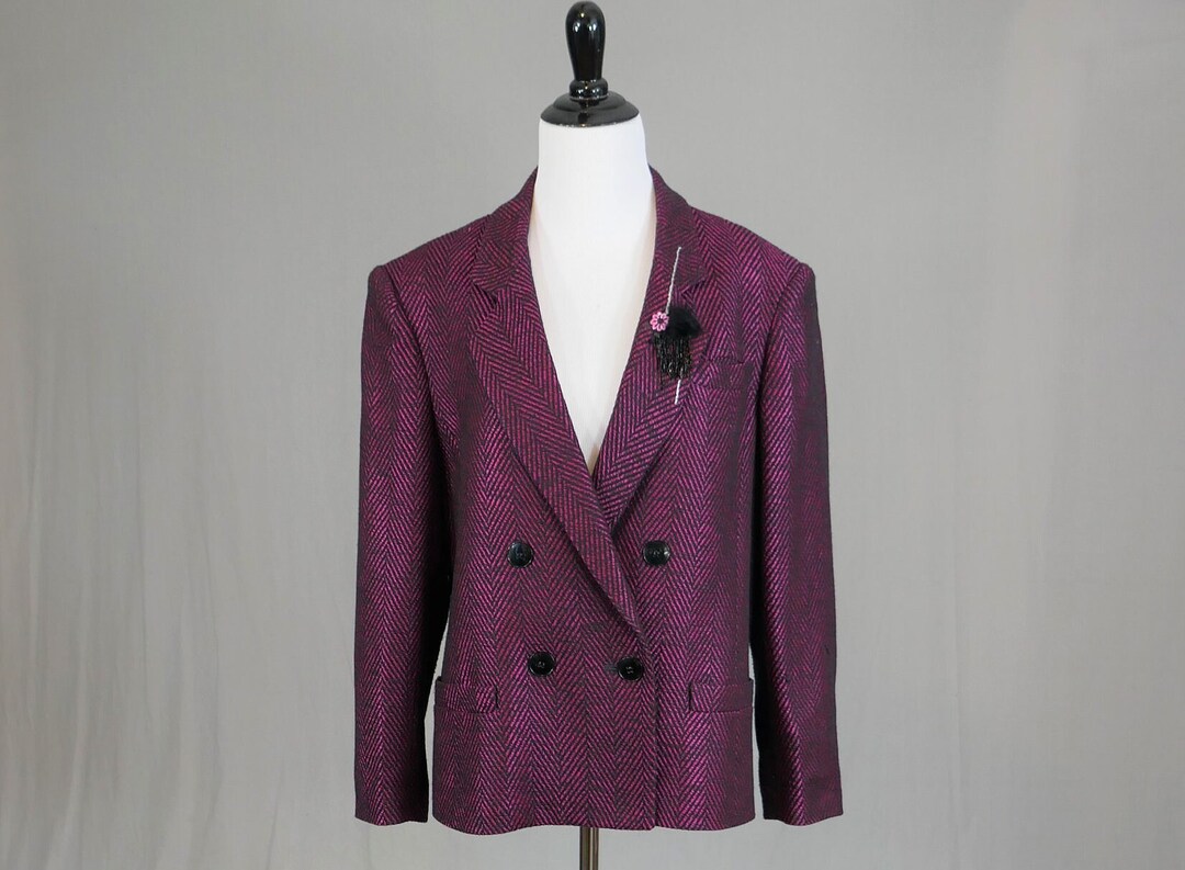 80s Herringbone Jacket - Black and Pink - Added Bead Decoration ...