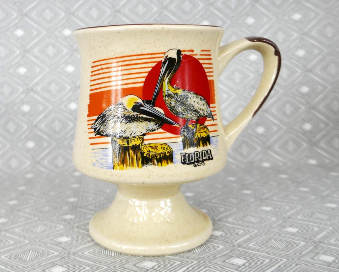 80s Florida Pedestal Mug - Tourist Souvenir - Pelicans, Orange Horizon ...