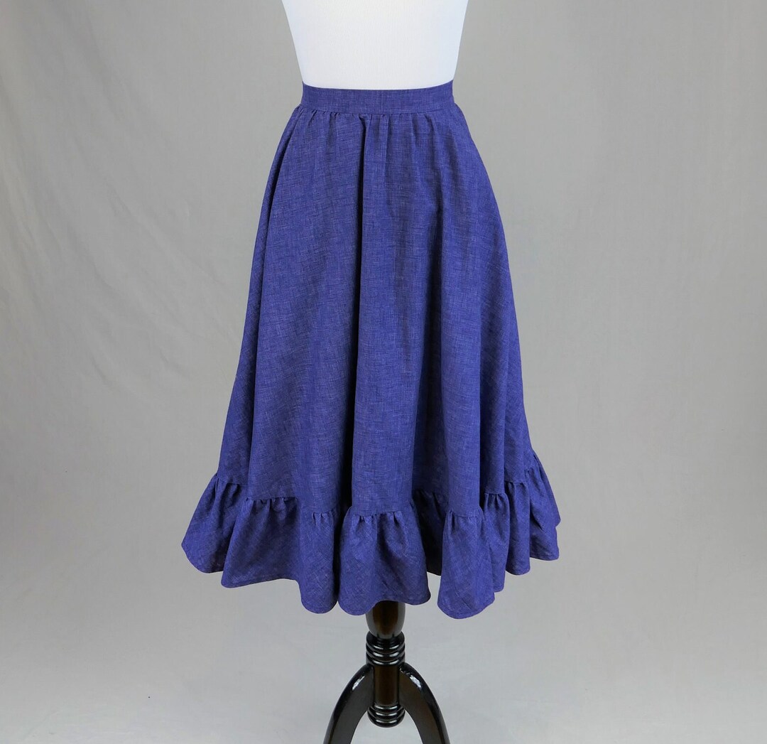 80s Ruffle Hem Full Skirt - 24" Waist - Dark Blue Denim Look - Handmade ...