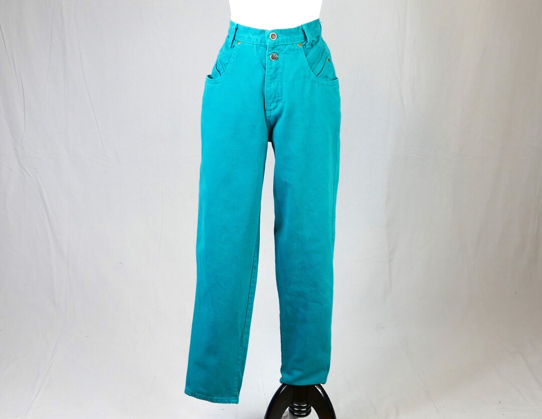 80s Teal Zena Jeans 29 Waist Angled Pocket Detail Denim Pants Vintage ...