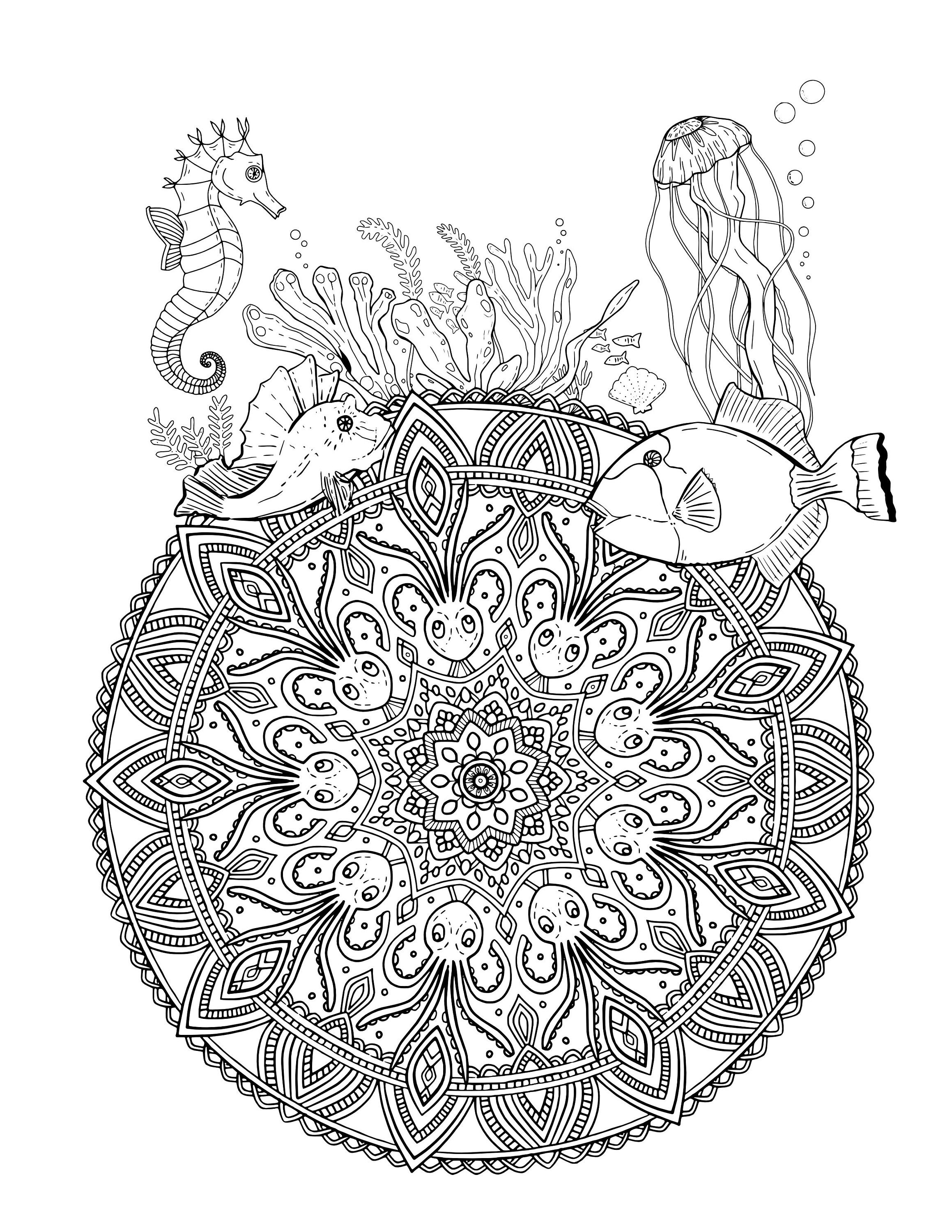 The Ocean and Mandalas Coloring Book for Kids and Adults - 27 Designs ...