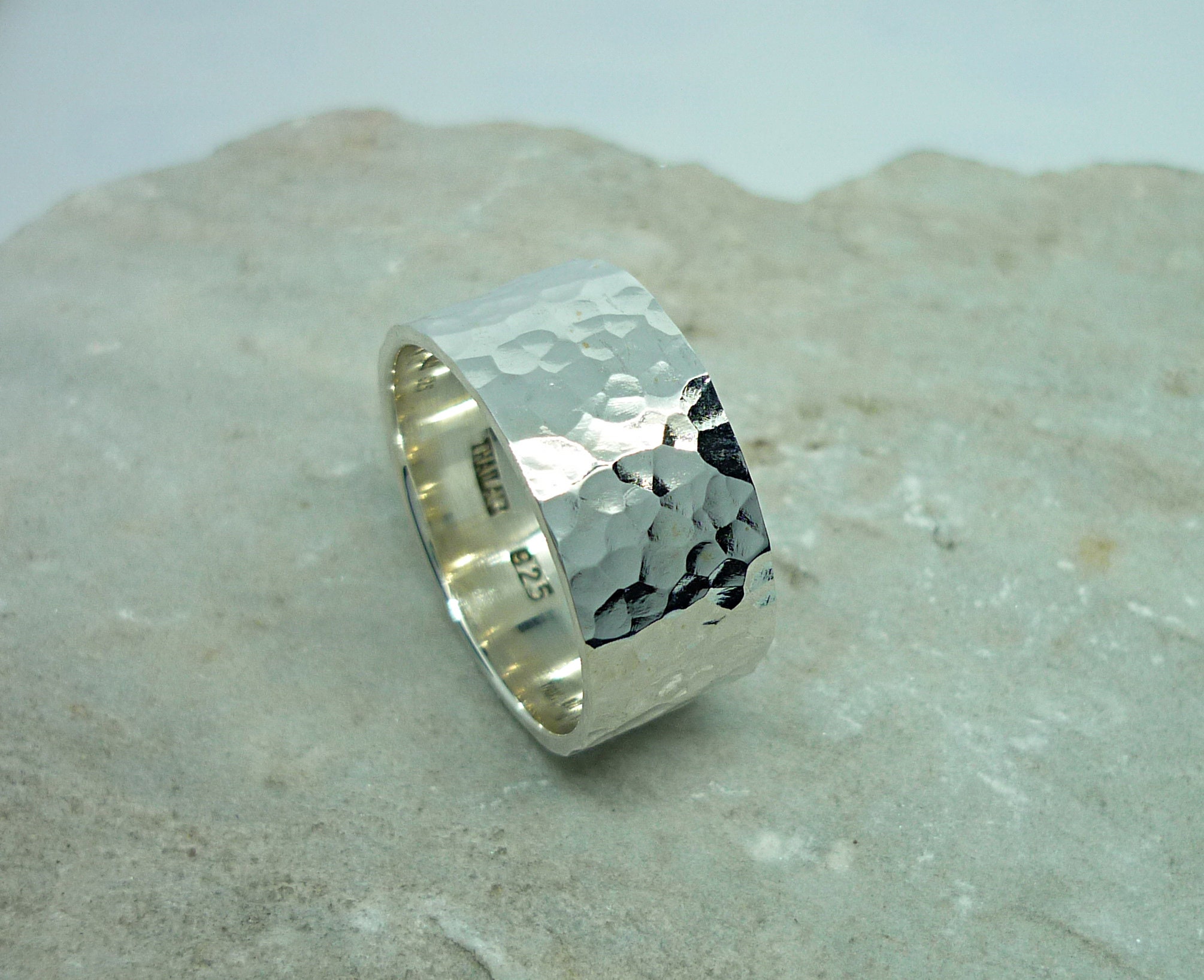 Silver Hammered Ring width 10 mm 925 Sterling Silver | Etsy