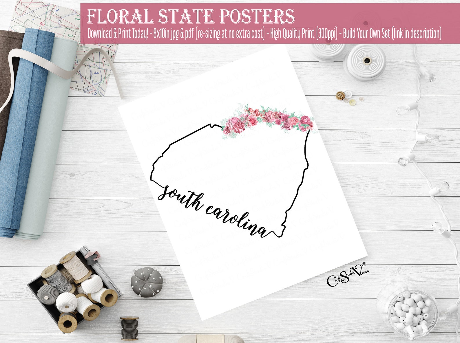 South Carolina State Sign Art, Pink South Carolina Printable Wall Art ...