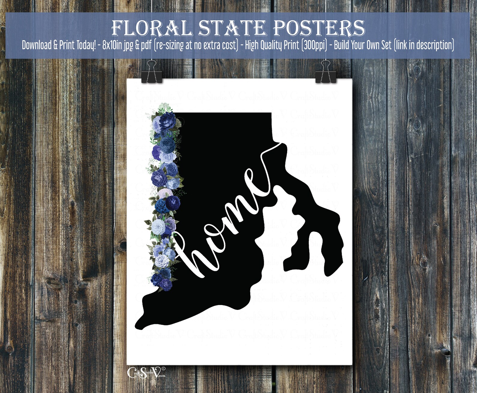 Rhode Island State Sign Art Blue Rhode Island Printable Wall | Etsy