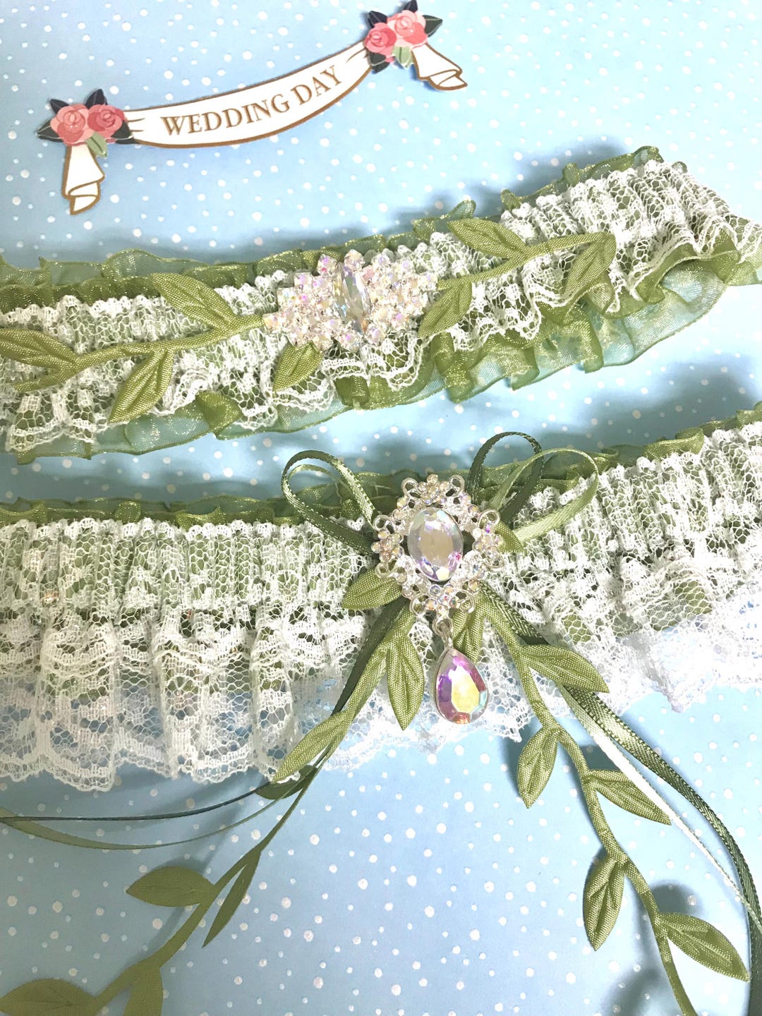 Sage and Iridescent White Wedding Garter Set. Sage Green Bridal Garters ...