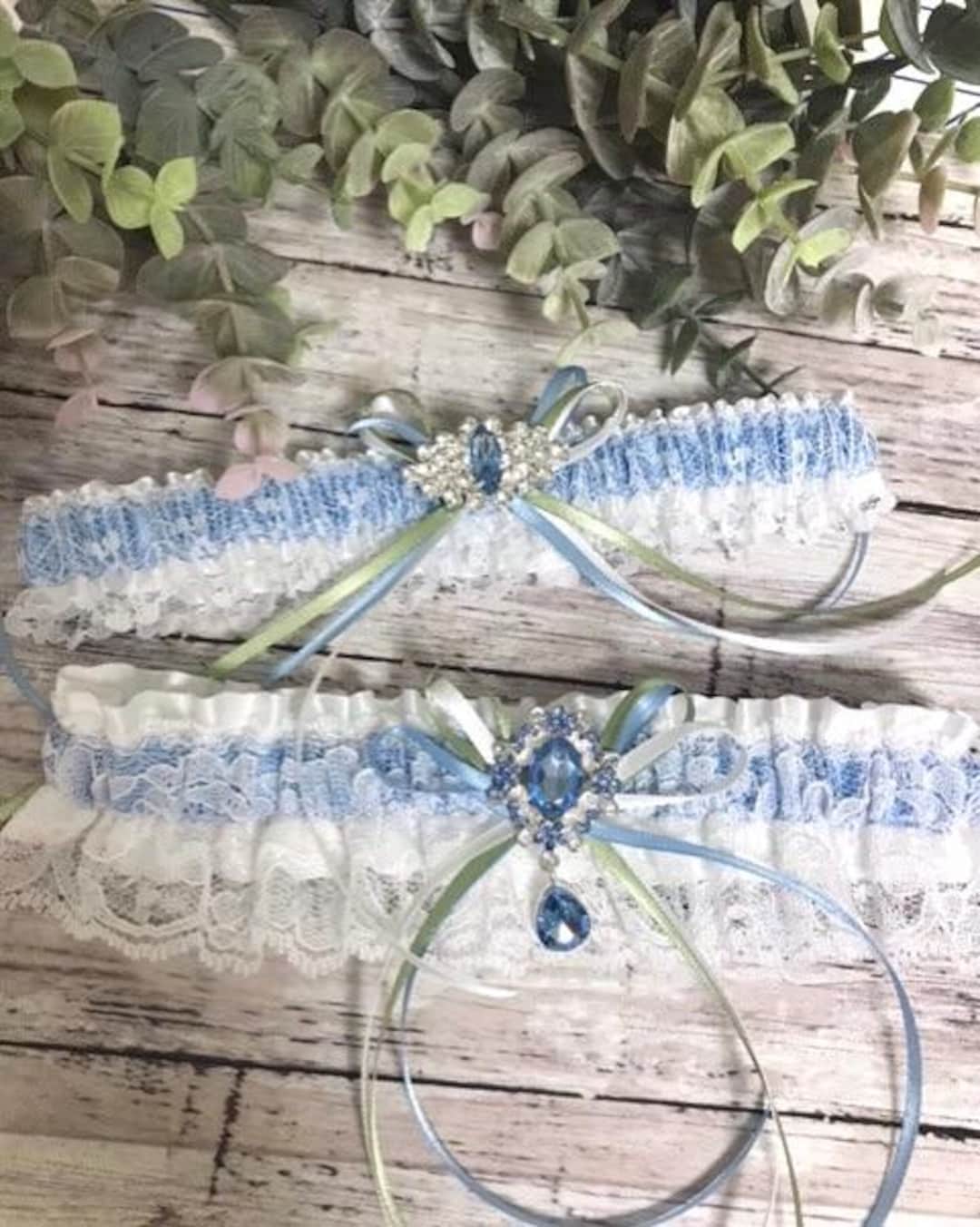 Sage and Dusty Blue Wedding Garter Set. Cornflower Bridal Garters ...