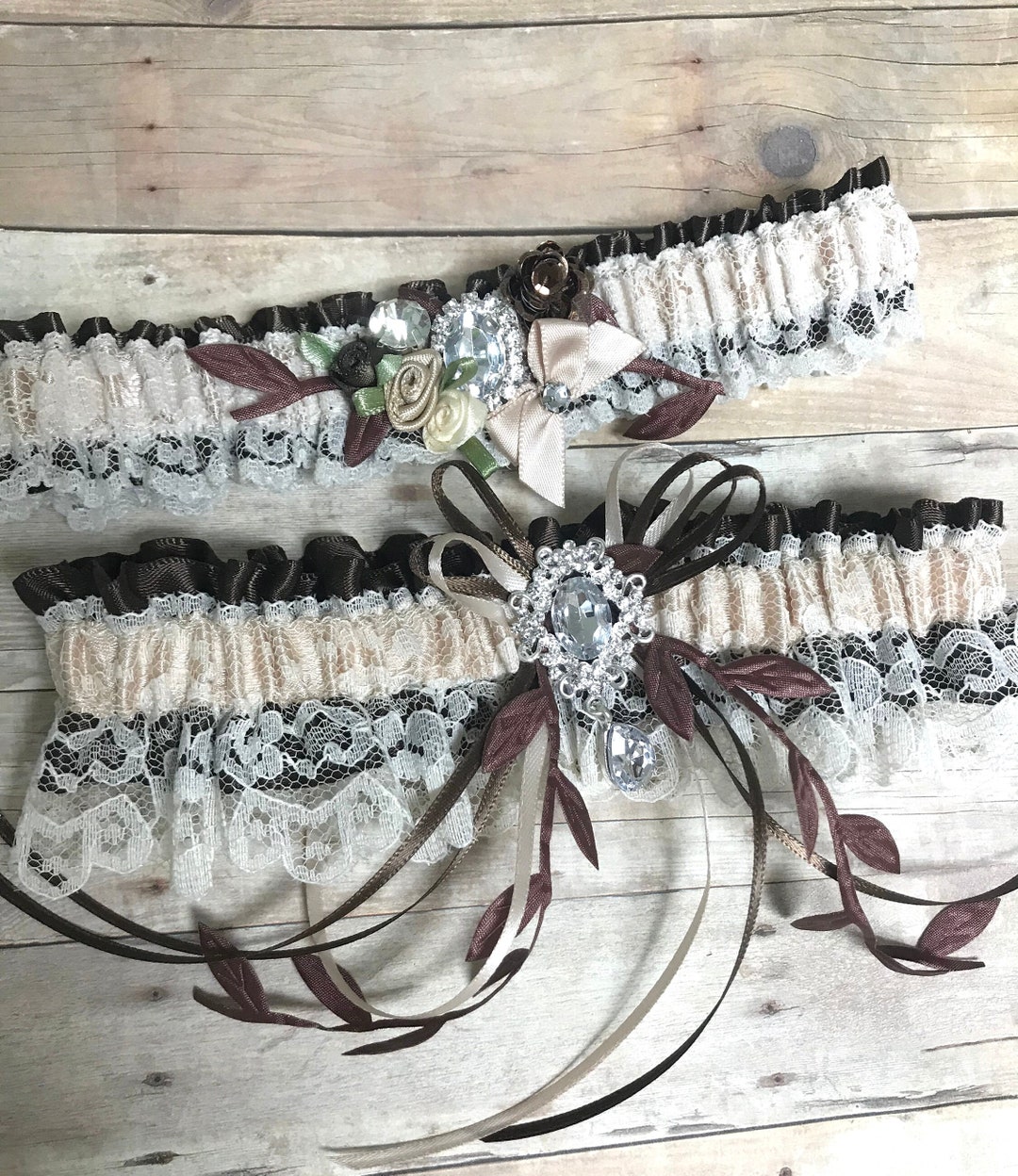 Brown, Light Champagne and Ivory Wedding Garter Set. Brown Garters. - Etsy
