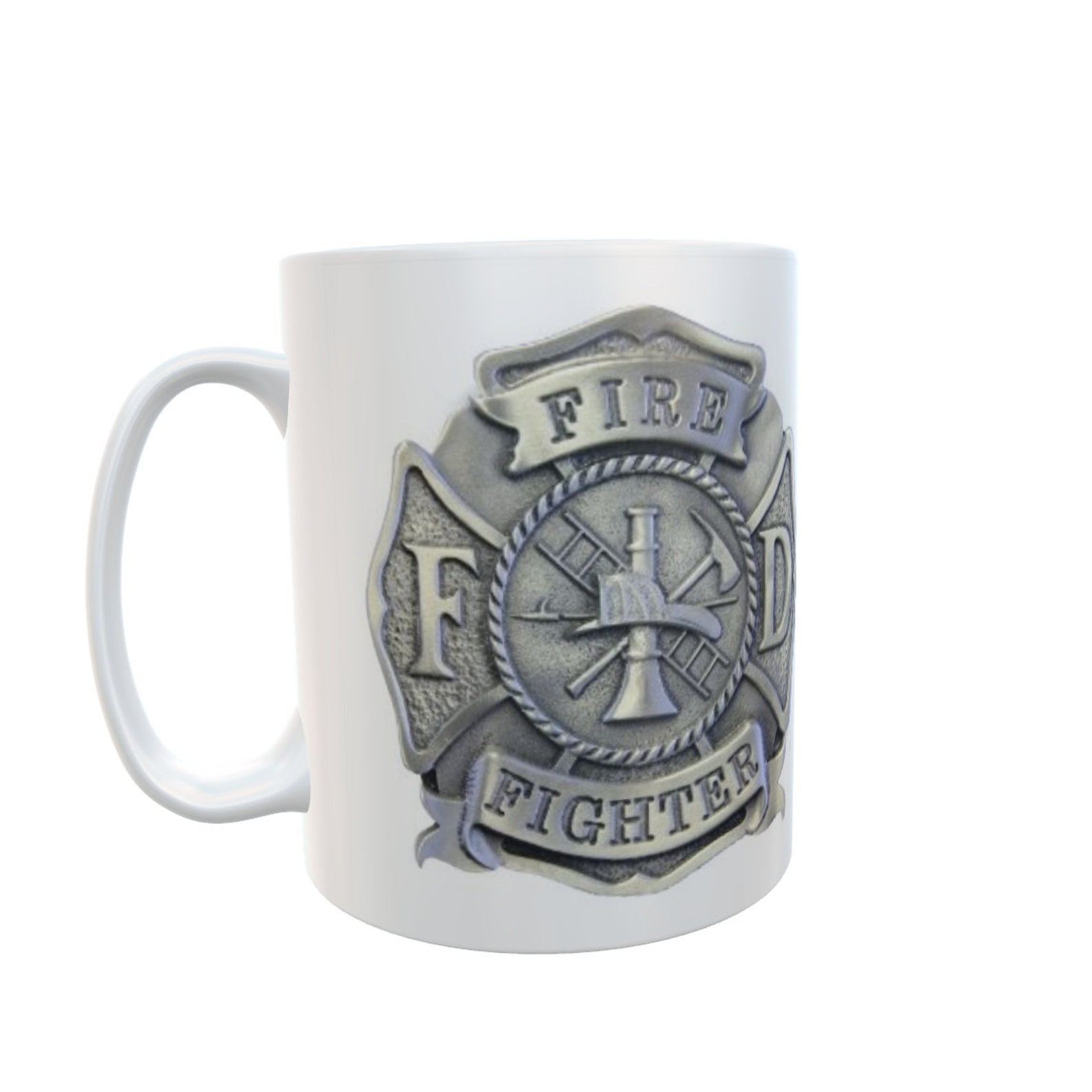Firefighter Collectible Mug, Fire Department Logo Silver, Embossed Look ...