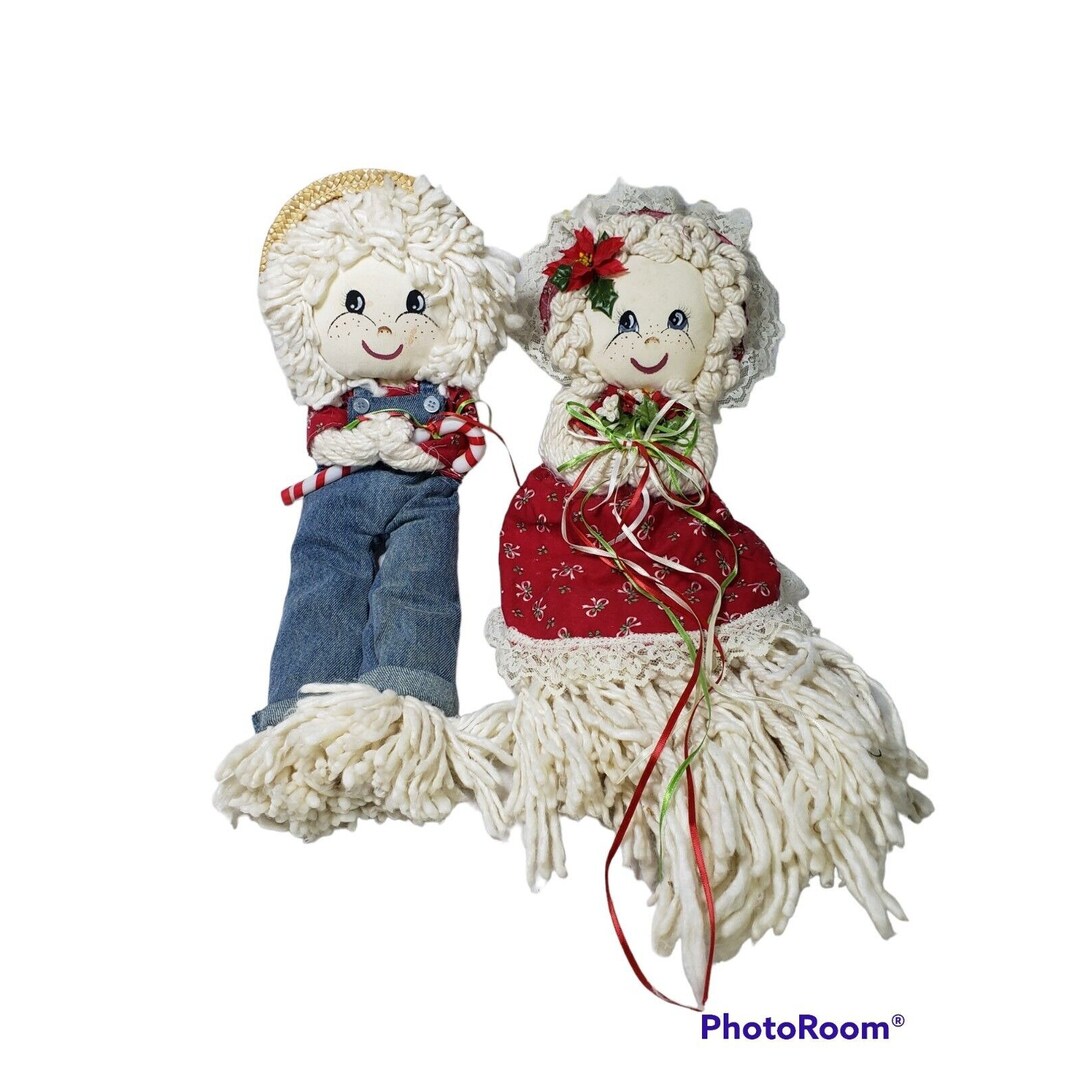 Christmas Mop Dolls Boy Girl Candy Cane Ribbon Yarn Vintage Holiday ...