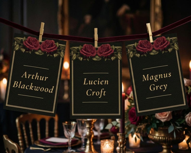 Gothic Wedding Place Cards | Moody Floral Tent & Portrait | Editable ...