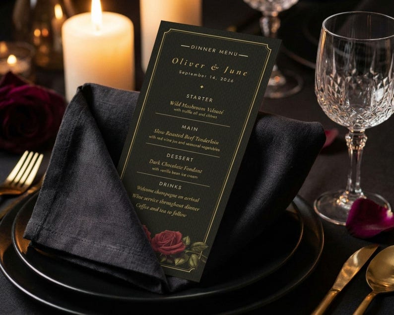 Gothic Wedding Menu Card | Moody Floral Dinner Menu Template | Editable ...
