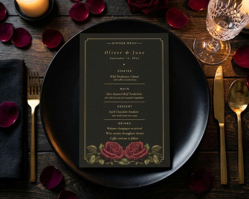 Gothic Wedding Menu Card | Moody Floral Dinner Menu Template | Editable ...