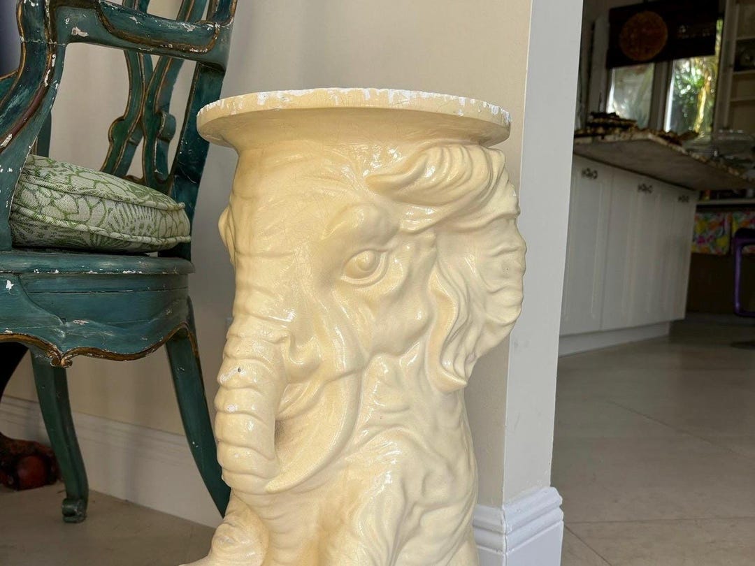 Plaster Elephant Plant Stand, Vintage Elephant Cocktail Table, Cream ...