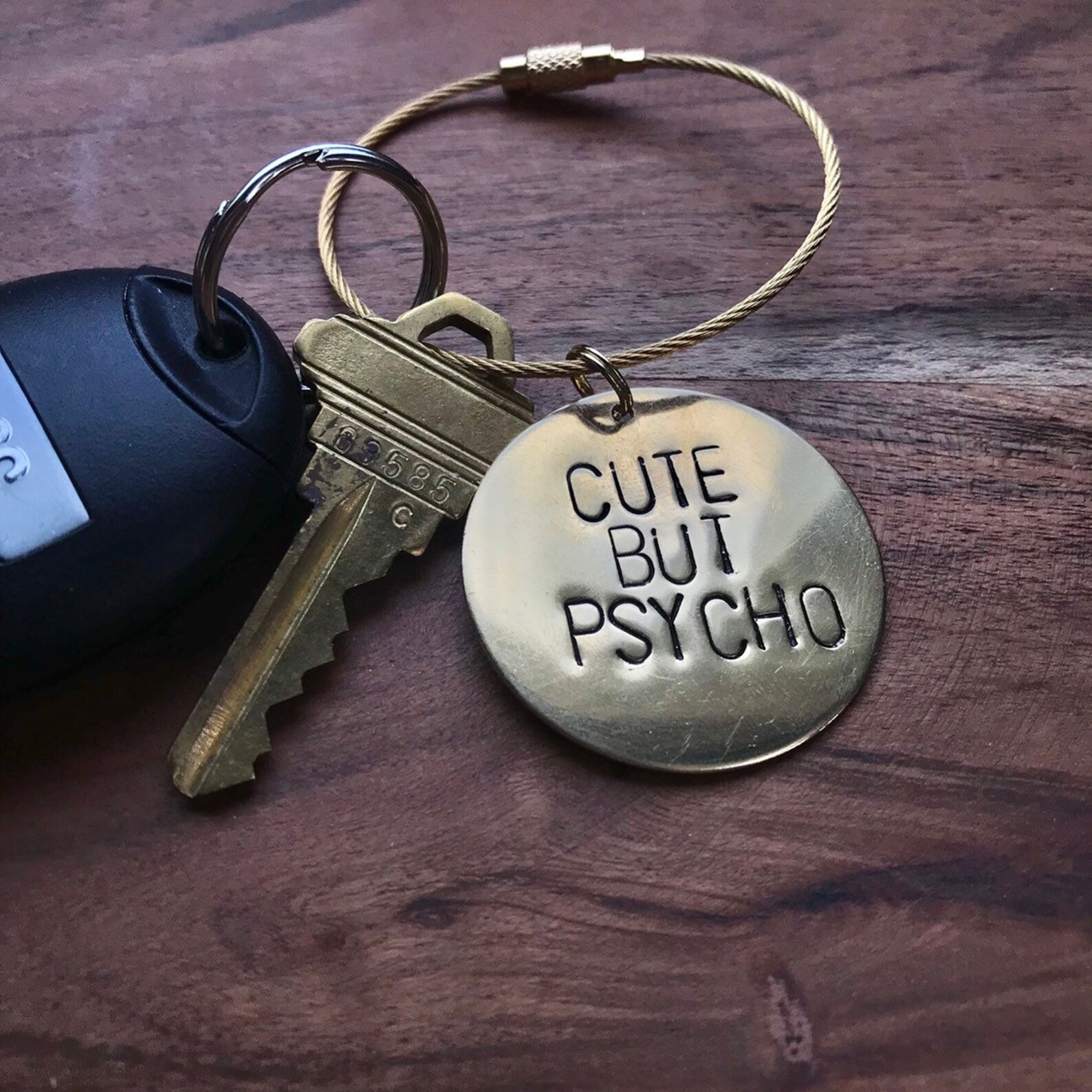Cute but Psycho-gold Keychain Key Fob-stamped Keychain-personalize ...