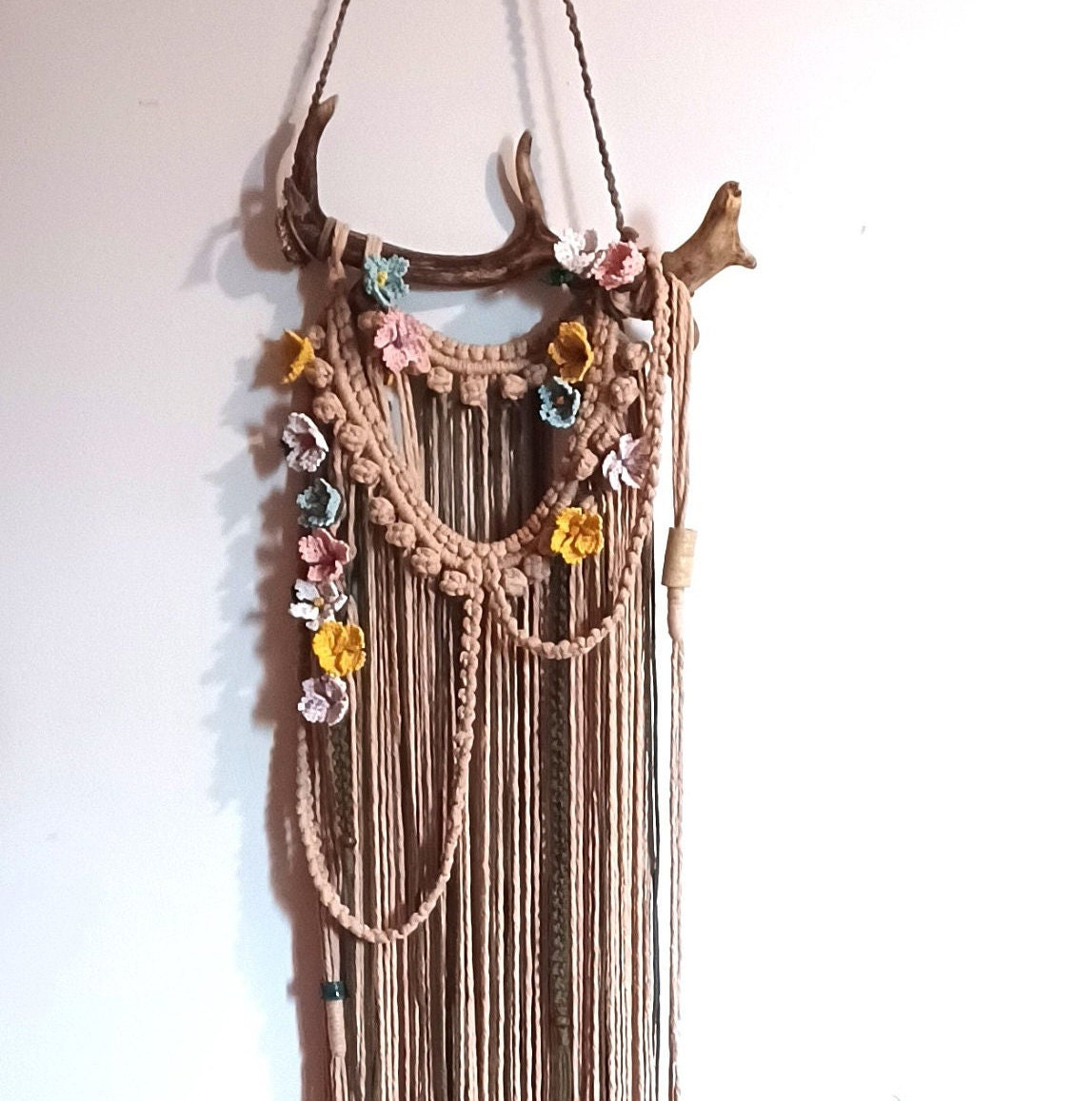 Romantic Deer Antler 3D Floral Macrame Wall Hanging Colourful Flower ...