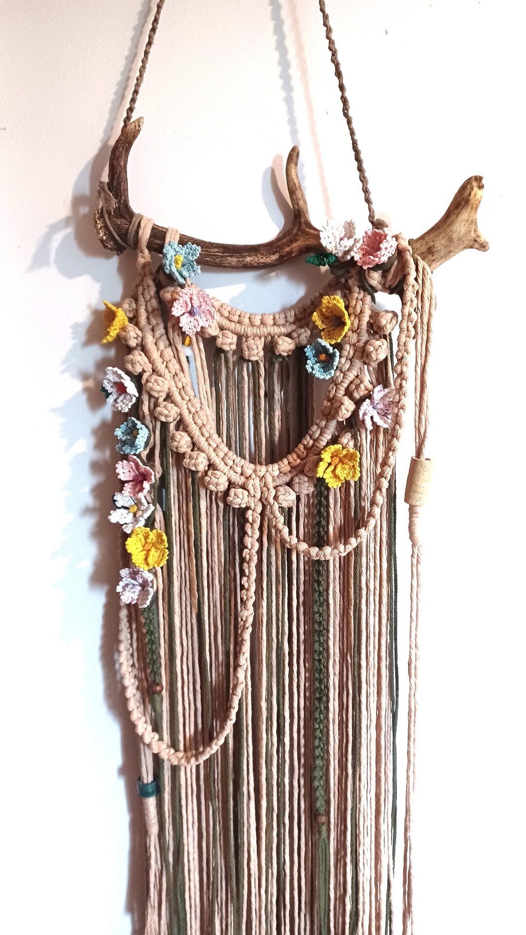 Romantic Deer Antler 3D Floral Macrame Wall Hanging Colourful Flower ...