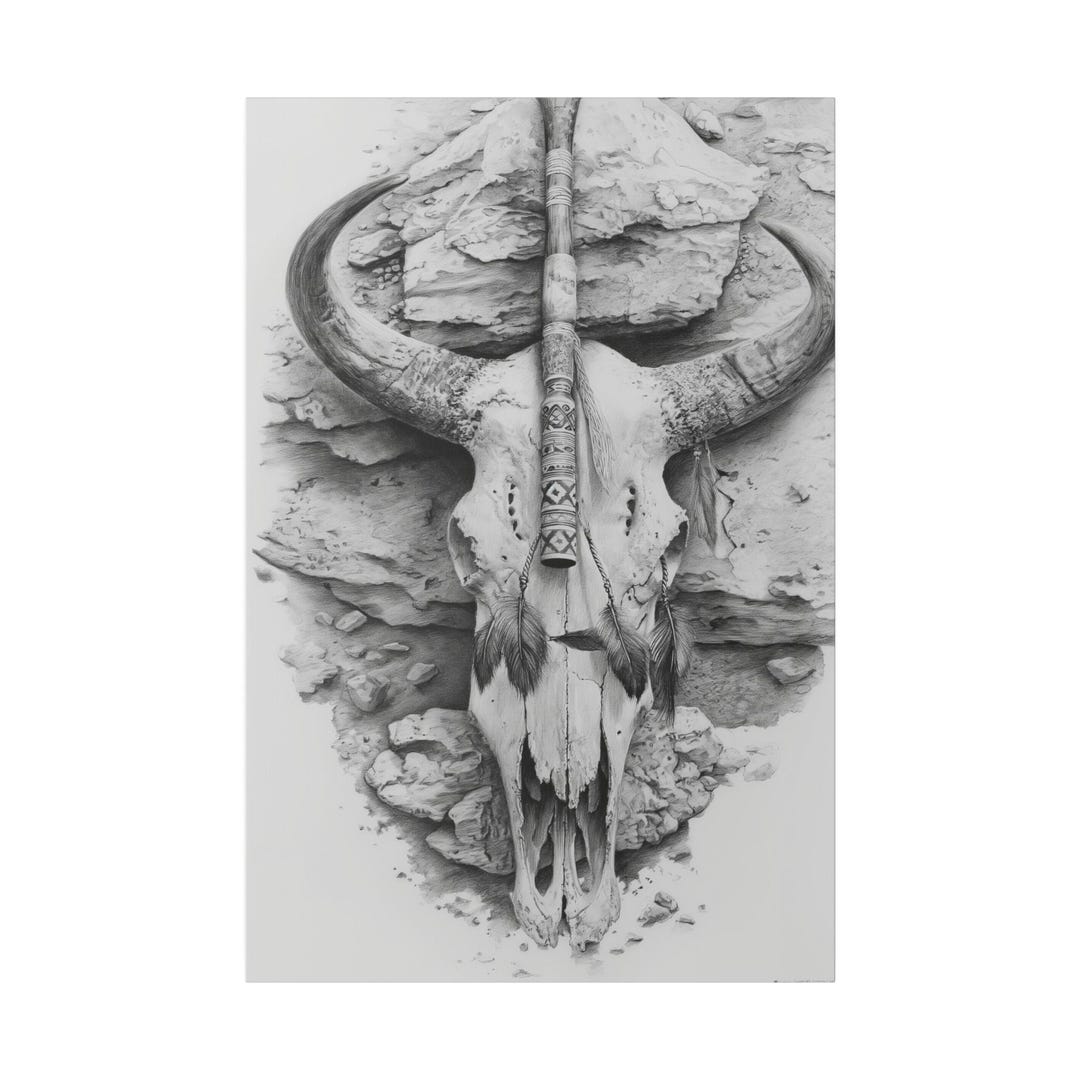 Buffalo Skull Pencil Sketch on Canvas, Native American Inspired Art ...