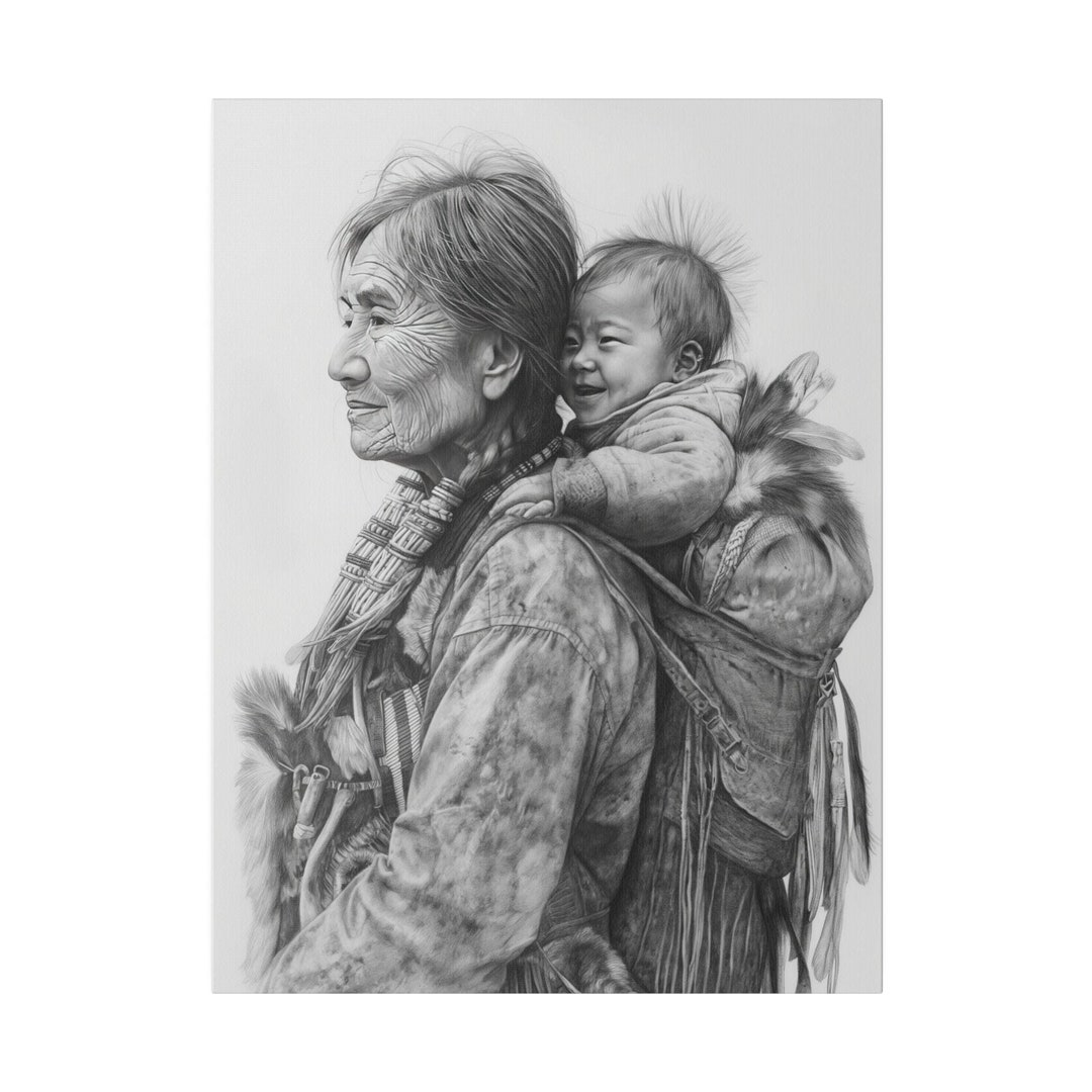 Pencil Drawing Canvas Art, Native American Grandmother and Baby ...