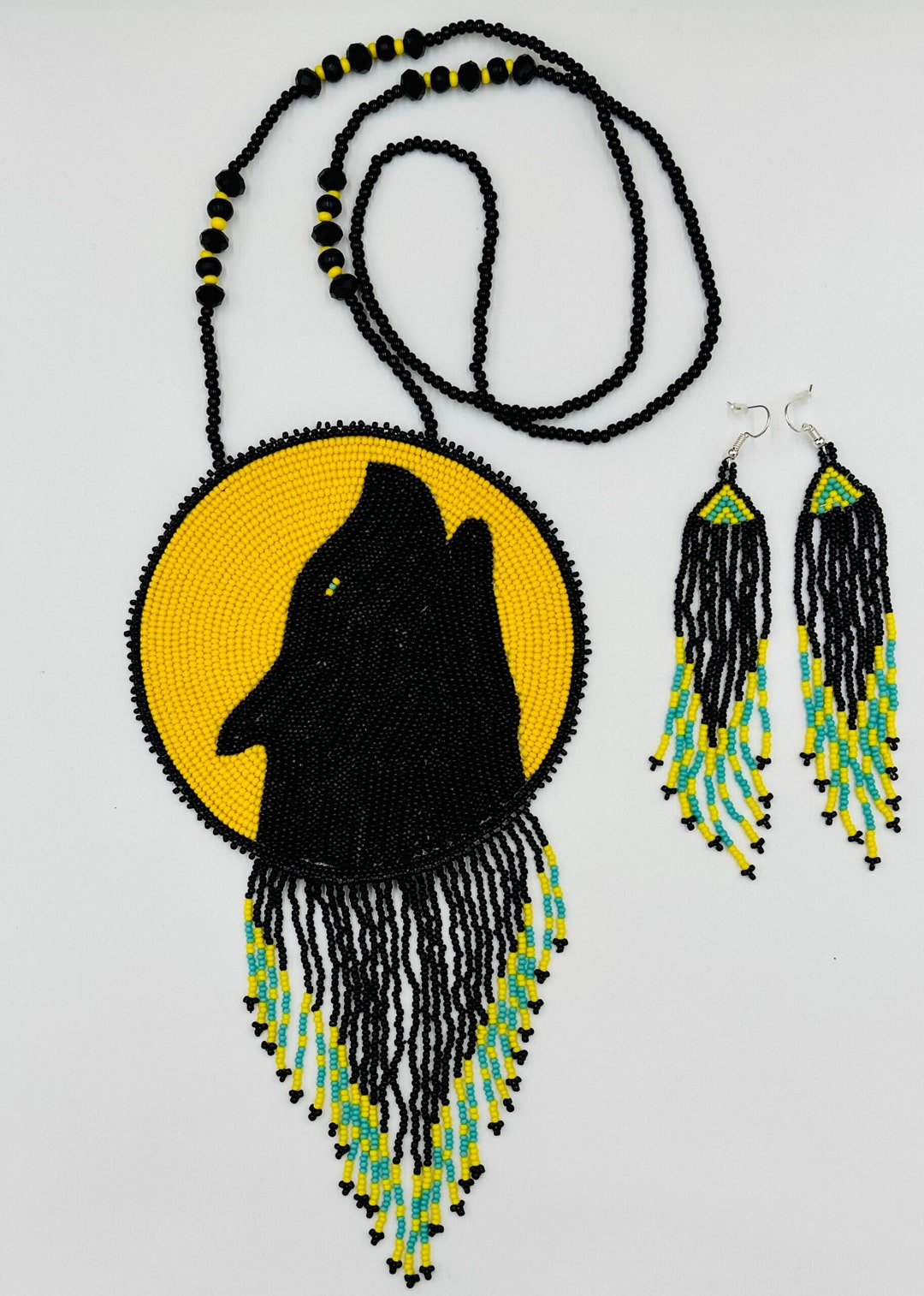 Wolf Beaded Necklace With Matching Earrings, Large 5 Fringed Medallion ...