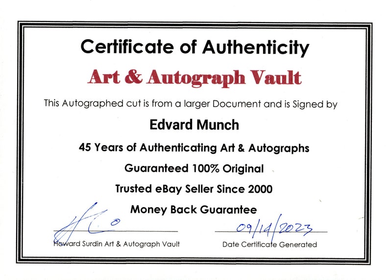 Edvard Munch Signature Document Cut Museum Framed Ready to Display - Etsy