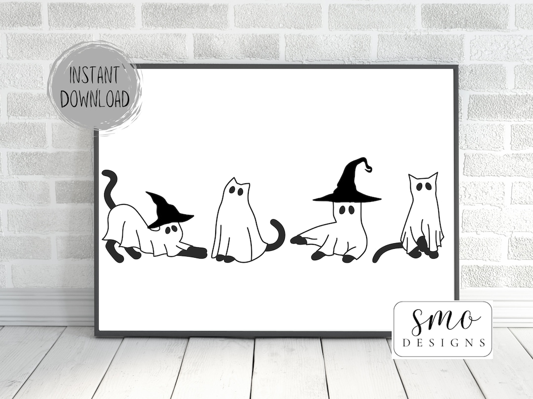 Halloween Cat Witch Ghost Art, Halloween Wall Art, Halloween Poster ...