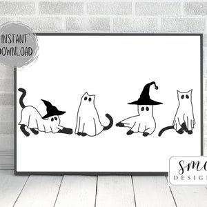 Halloween Cat Witch Ghost Art, Halloween Wall Art, Halloween Poster ...