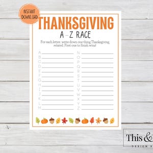 Thanksgiving A-Z Word Race Printable | Fall Activity Sheet Printable ...