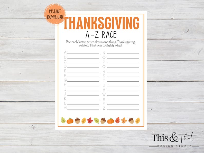 Thanksgiving A-Z Word Race Printable | Fall Activity Sheet Printable ...
