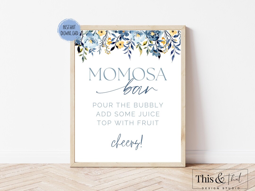Baby Shower Floral Blue Momosa Bar Printable Sign | Mimosa Bar Sign for ...