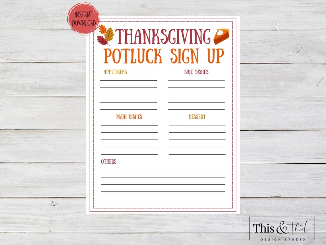 Thanksgiving Printable Potluck Sign up Sheet | Food Party Sign up ...