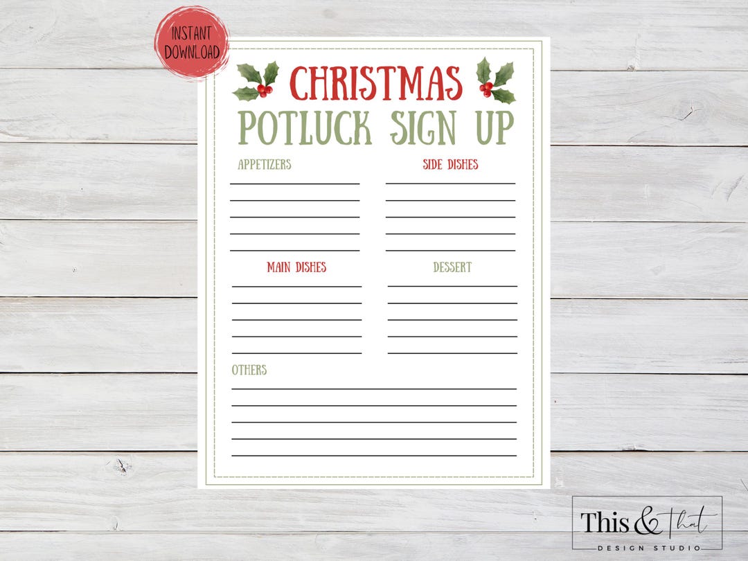 Christmas Printable Potluck Sign up Sheet | Christmas Party Sign up ...