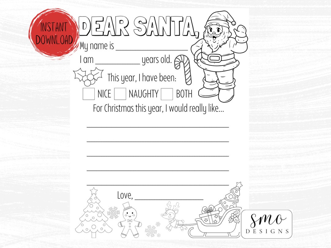 Dear Santa Coloring Page Christmas Santa Wish List - Etsy