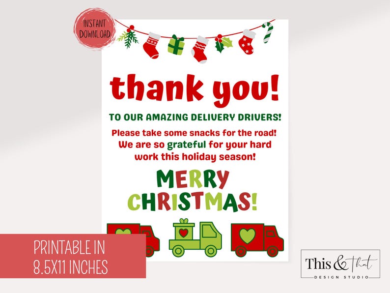 Printable Delivery Driver Thank You Snack & Drink Sign | Santa ...