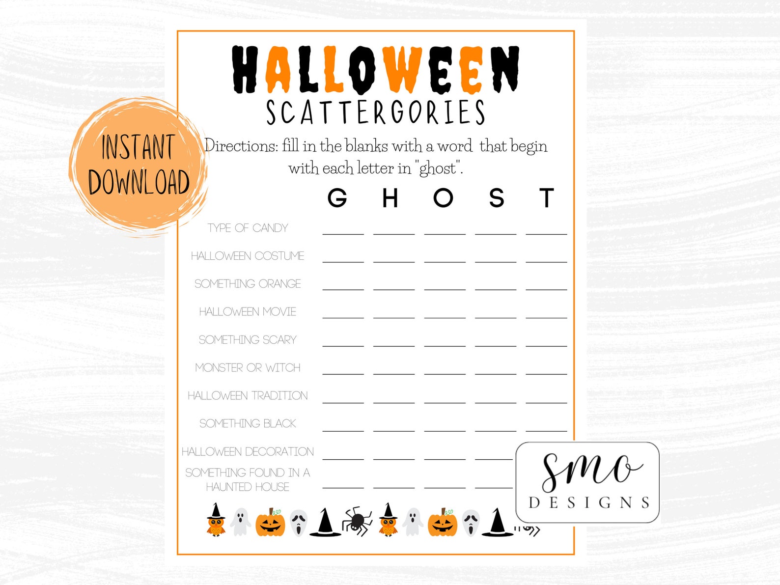 Halloween Ghost Scattergories Halloween Party Game Word Finder Template ...