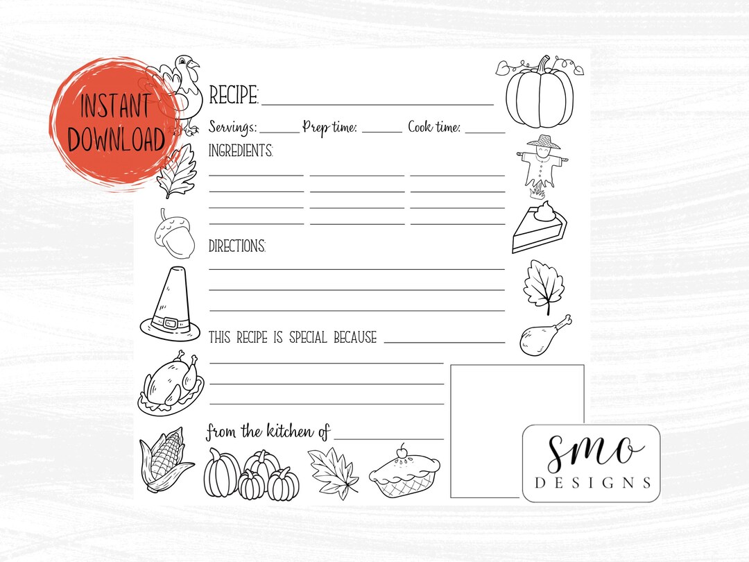 Thanksgiving Recipe Card Printable Template Instant Download Kid ...